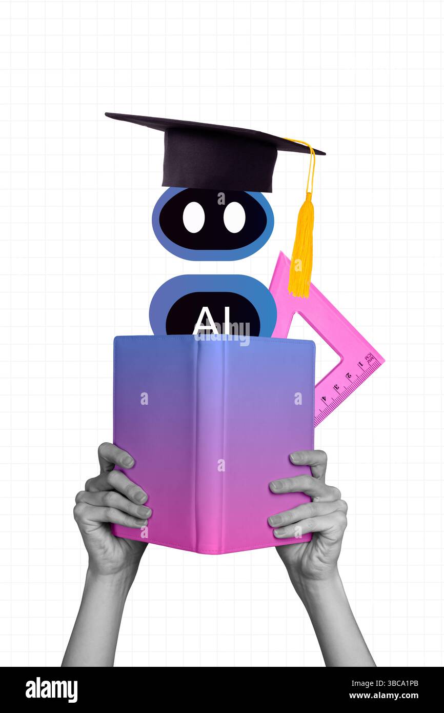 Trend artwork template collage sketch of hand hold open book read bot artificial intellect ...