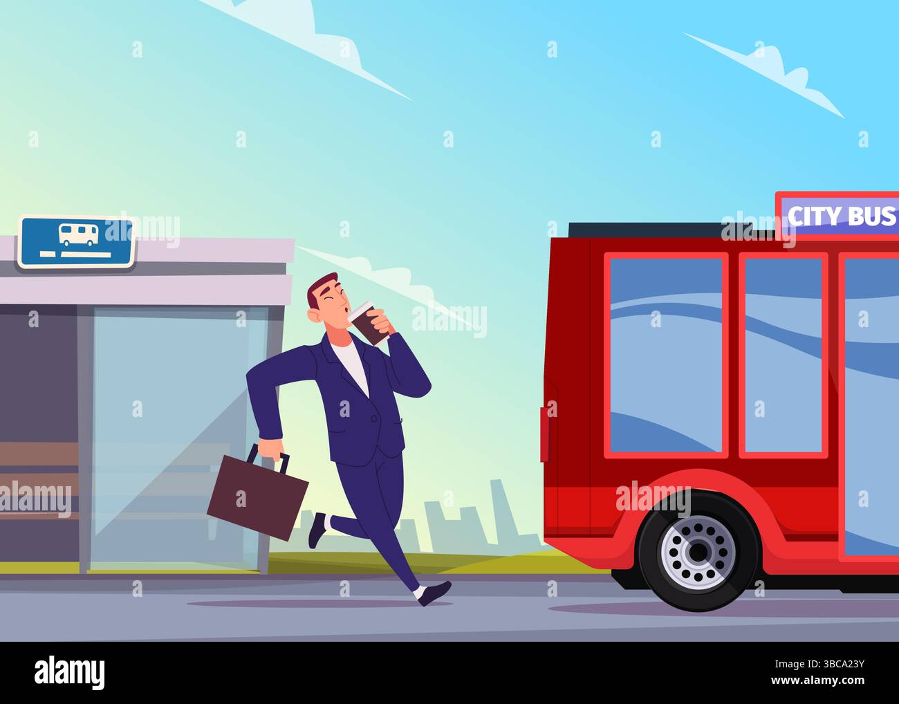 Late for bus. businessman running with cup of morning coffee Stock ...