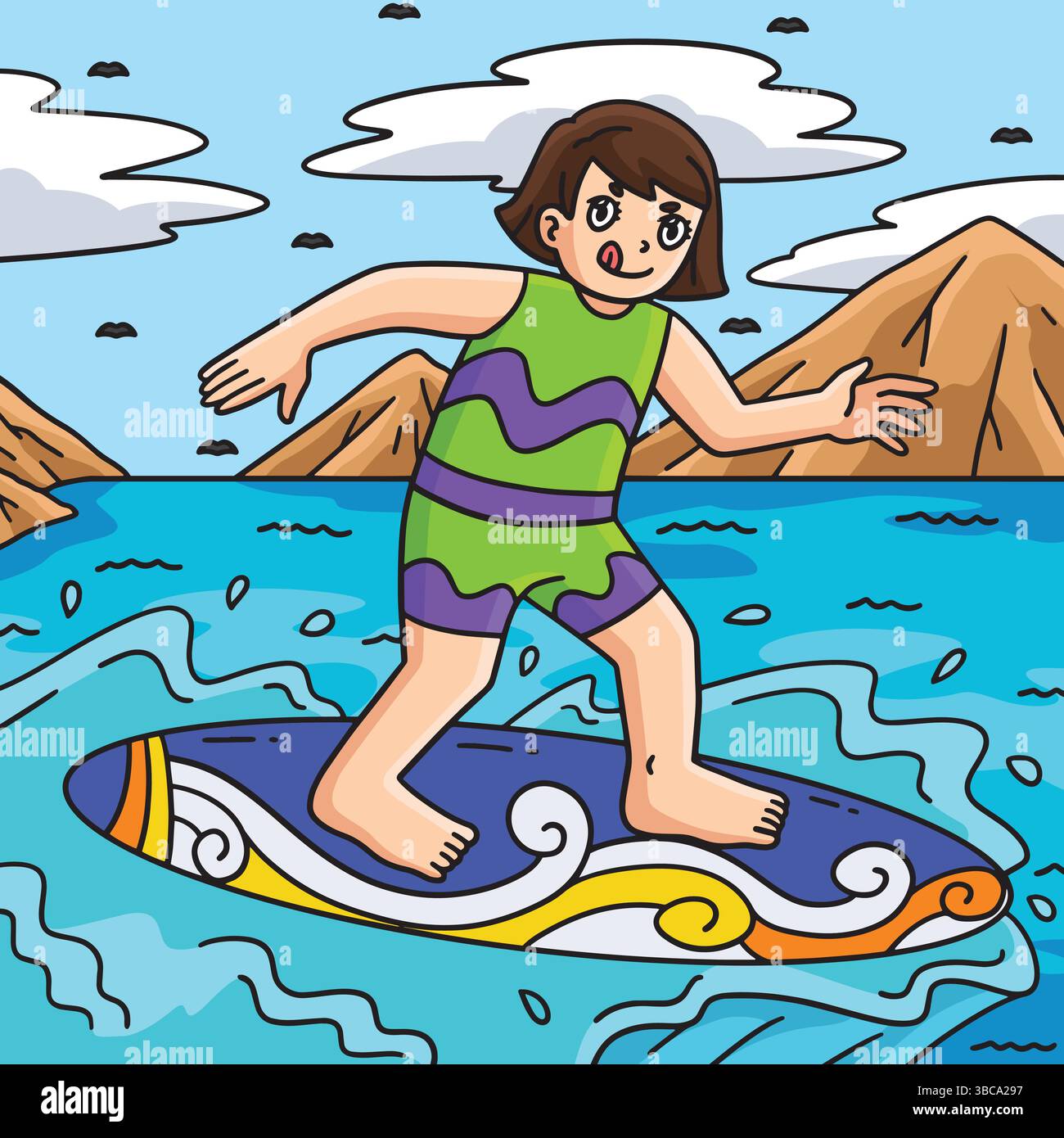 Surfing Girl Balancing Surfboard Colored Cartoon Stock Vector Image ...