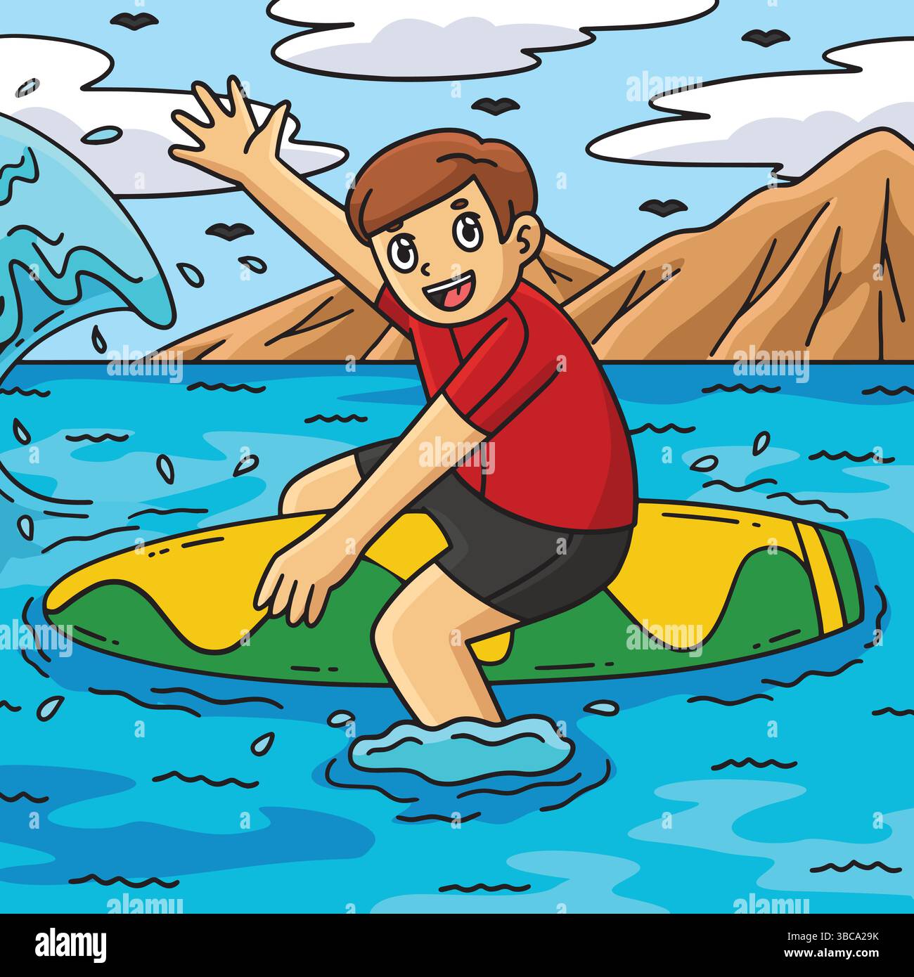 Surfing Boy Sitting on a Surfboard Colored Cartoon Stock Vector Image ...