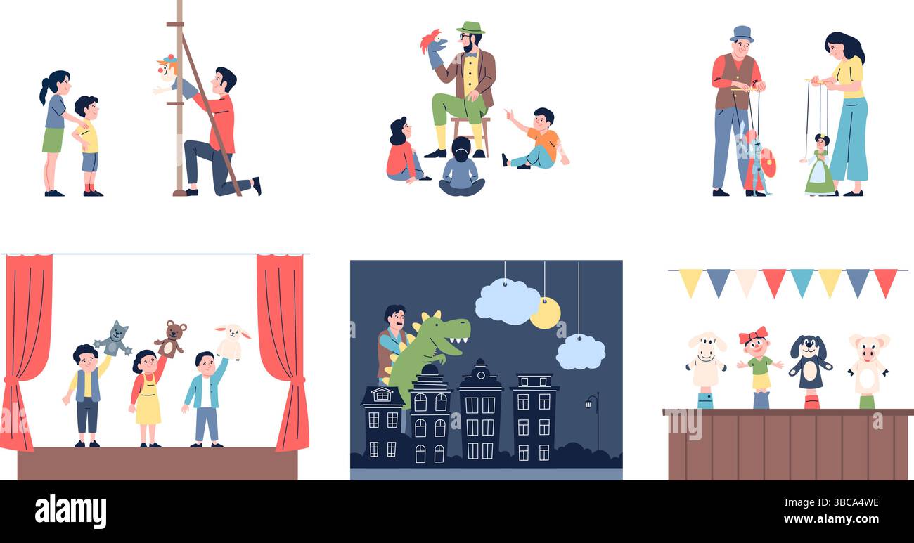 Puppet theater. Kids watch puppets show, outdoor seasonal entertainment ...