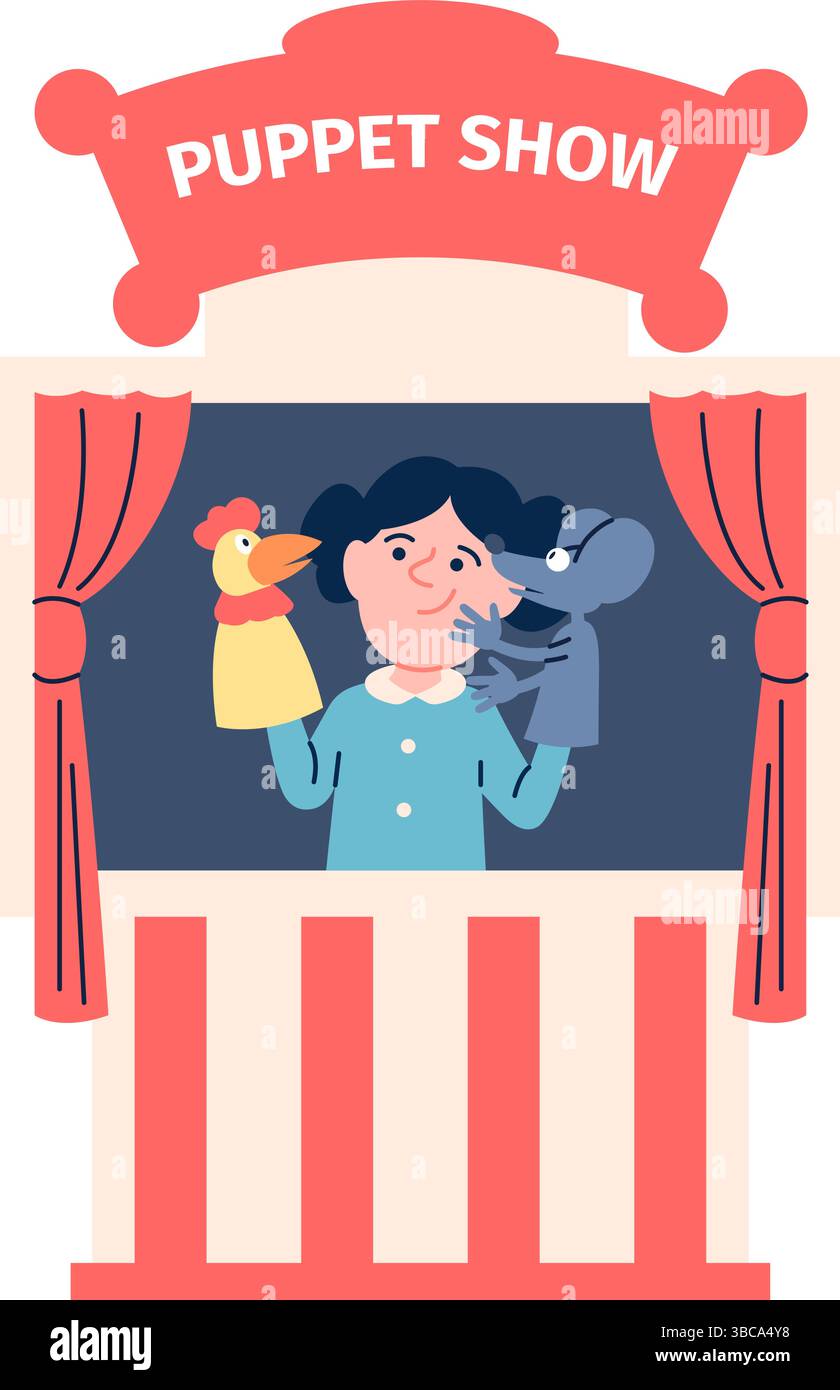 Girl with puppets. Puppet show scene, funny young artist with dolls on ...