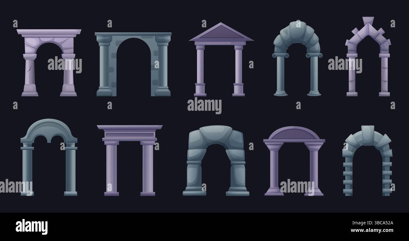 Ancient arch. Cartoon antique arches, stone marbles architecture ...