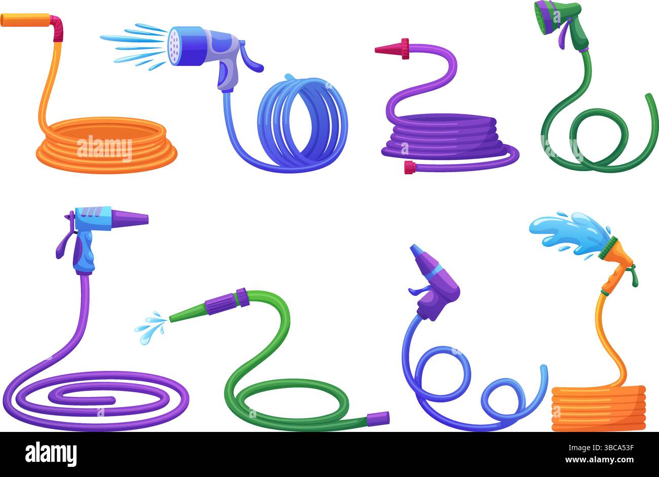 Watering hoses. Garden rubber hose, cartoon hosepipe with spray water ...