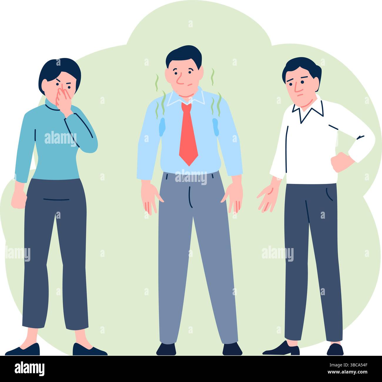 Sweating colleague. Male in shirt with wet armpits, bad odor and ...
