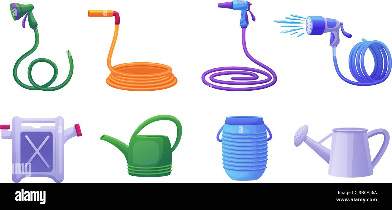 Watering accessories. Cartoon rubber hoses, water can and pot. Garden ...