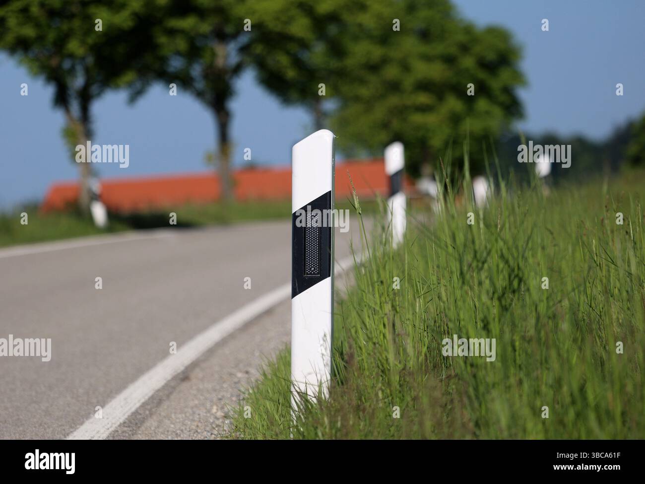 Hier im Bild Leitpfosten am Strassenrand, Begrenzungspfahl ...