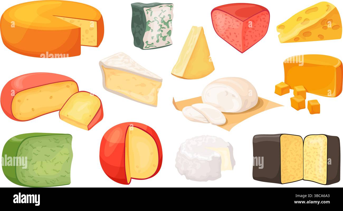 Cartoon cheese types. Italian swiss or goat cheeses type, cheddar ...