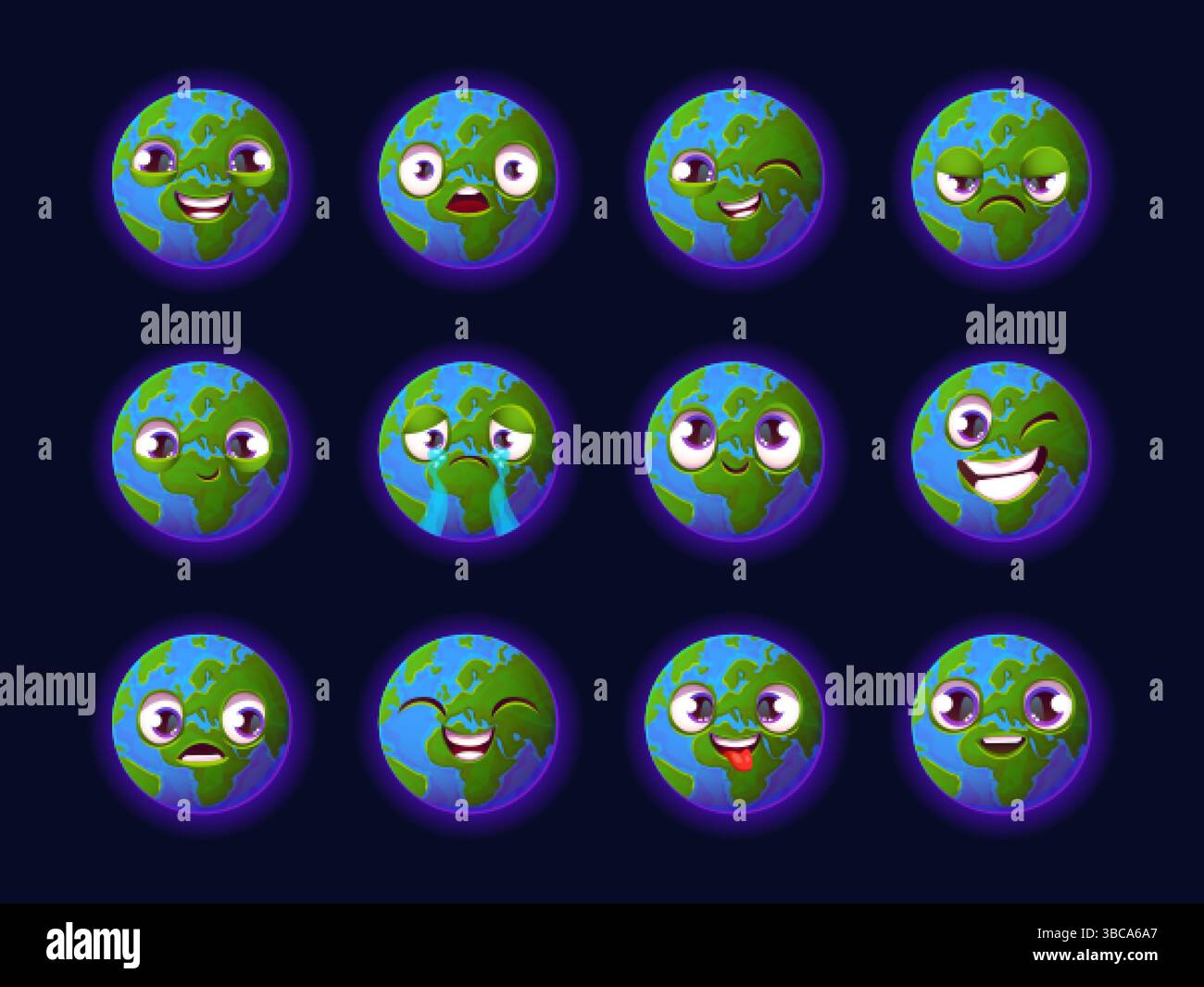 Earth planet emoji. Cartoon planets cute character emoticons, baby ...