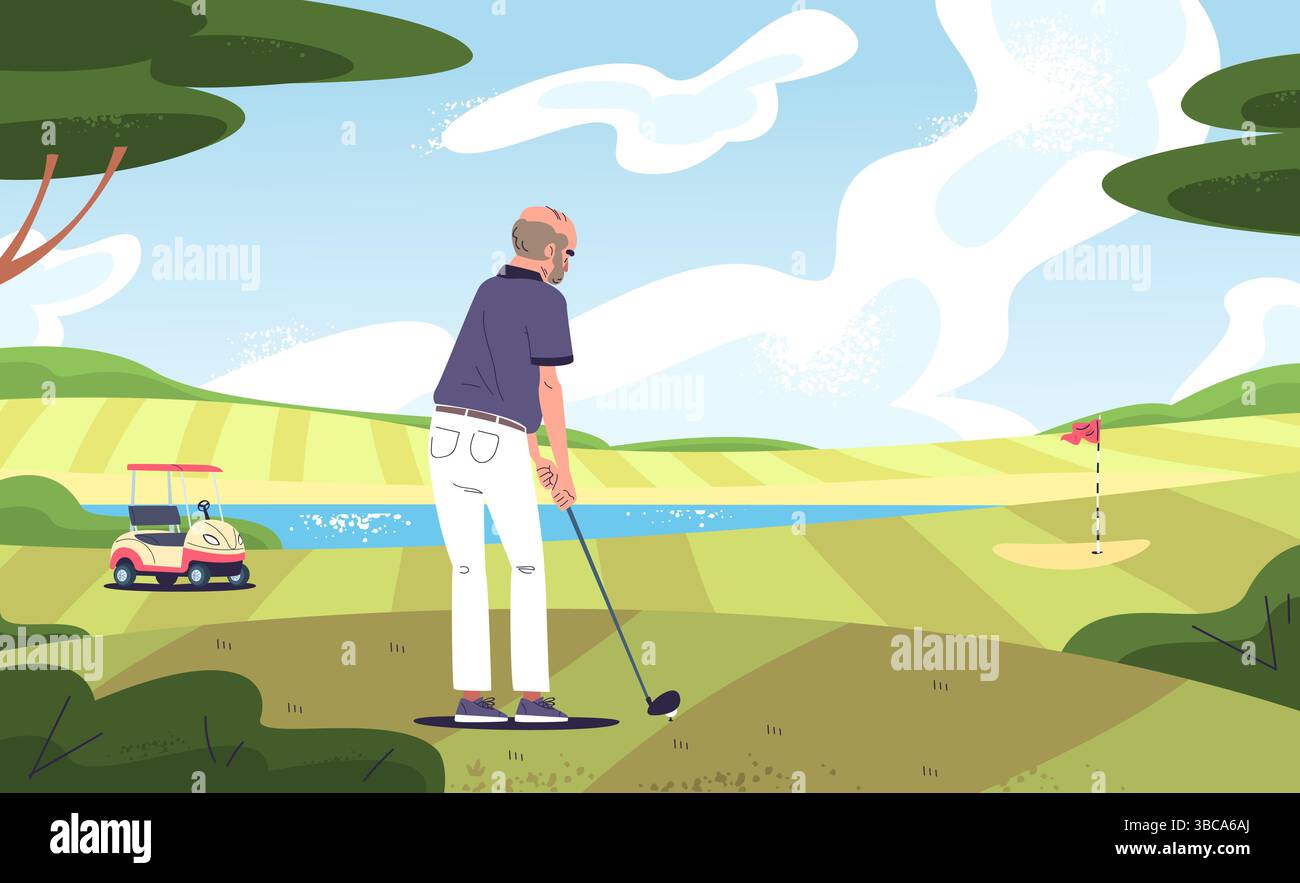 Senior play golf. Elderly golfer playing putt course golfing club field ...