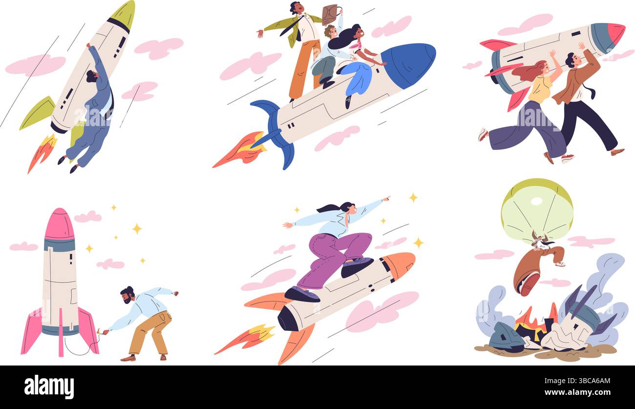 People flying rocket. Teamwork success startup business failure concept ...