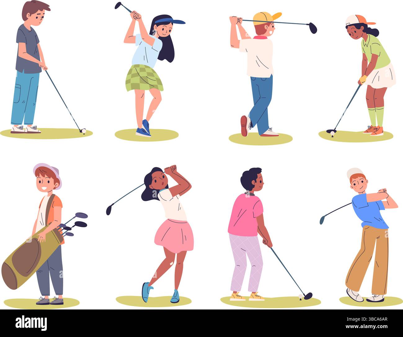 Children play golf. Cartoon kid golfer characters, girl or boy stick ...