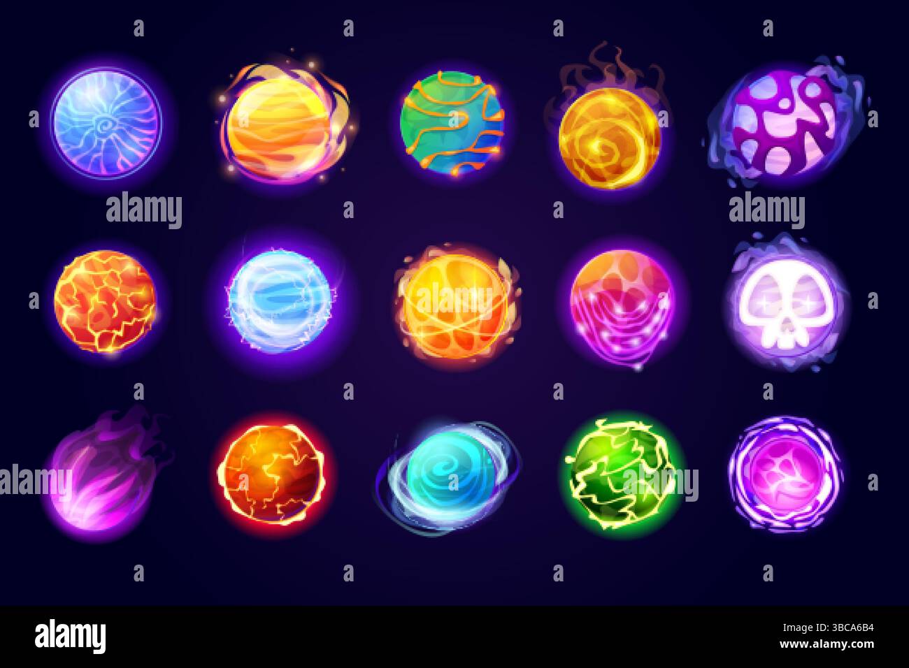 Cartoon magic orbs. Energy balls fantasy 2d game vfx effect, occult orb ...