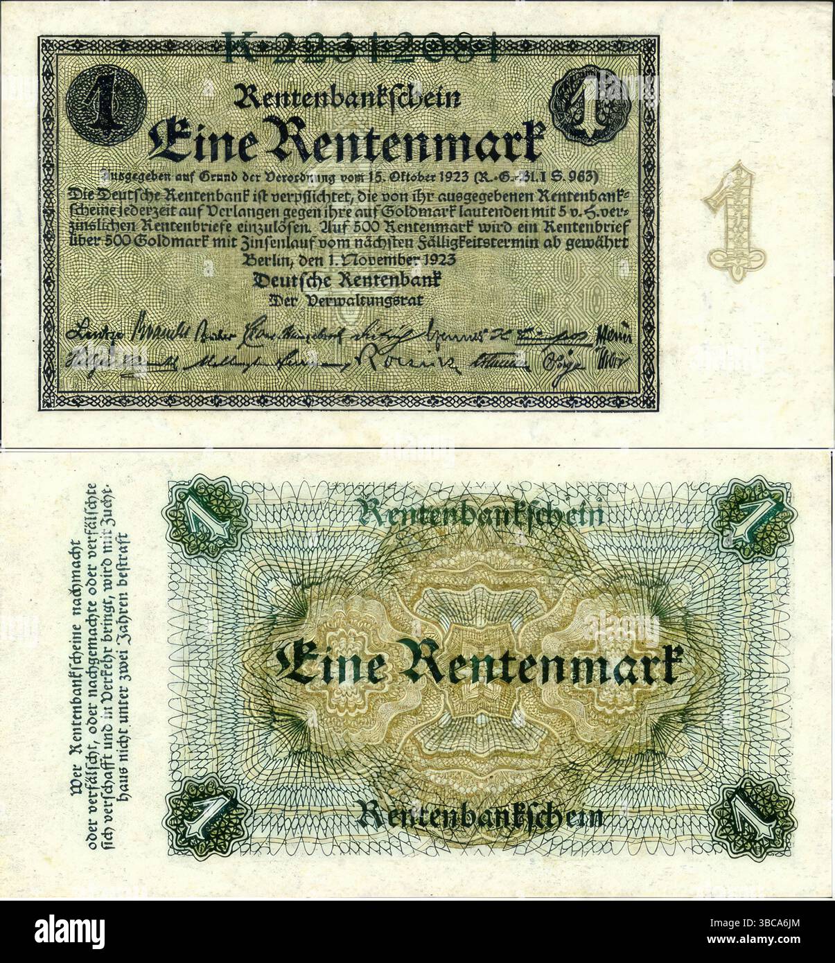 Geldschein, Banknote, 1, Eine Rentenmark, 1923, Rentenbankschein ...