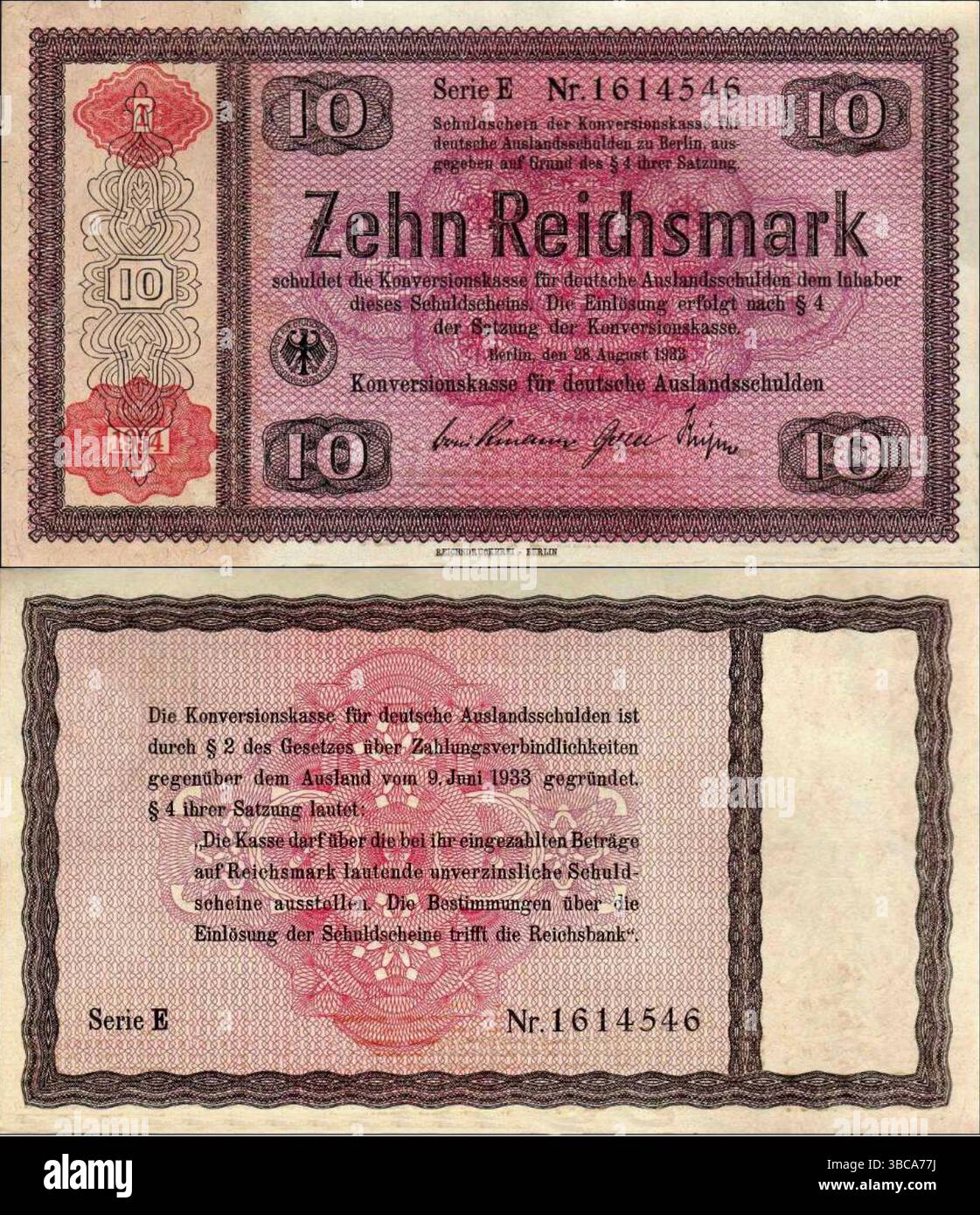 Banknote, Geldschein, 10 Reichsmark, 1938, Dutschland, Reproduktion ...