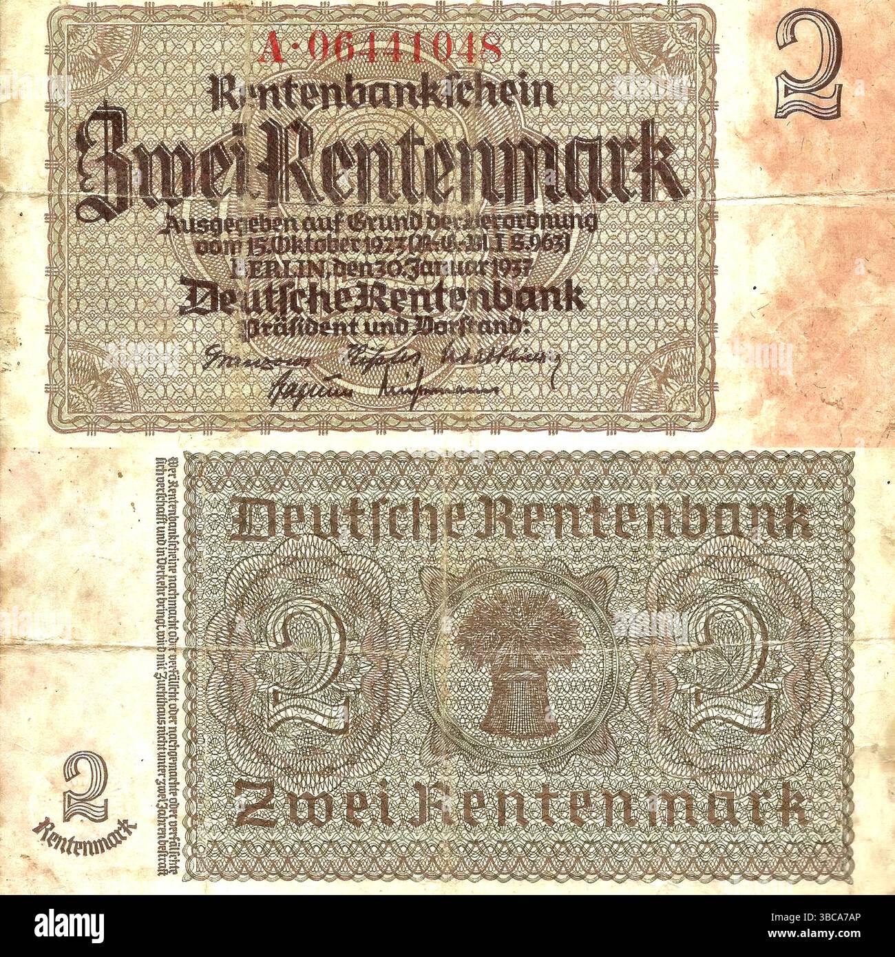 Rentenbankschein, Banknote, Geldschein, 2 Rentenmark, 1937, Deutschland ...
