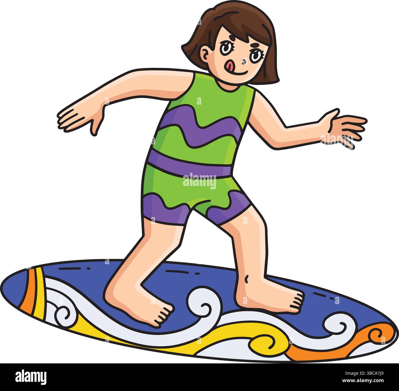 Surfing Girl Balancing a Surfboard Cartoon Clipart Stock Vector Image ...
