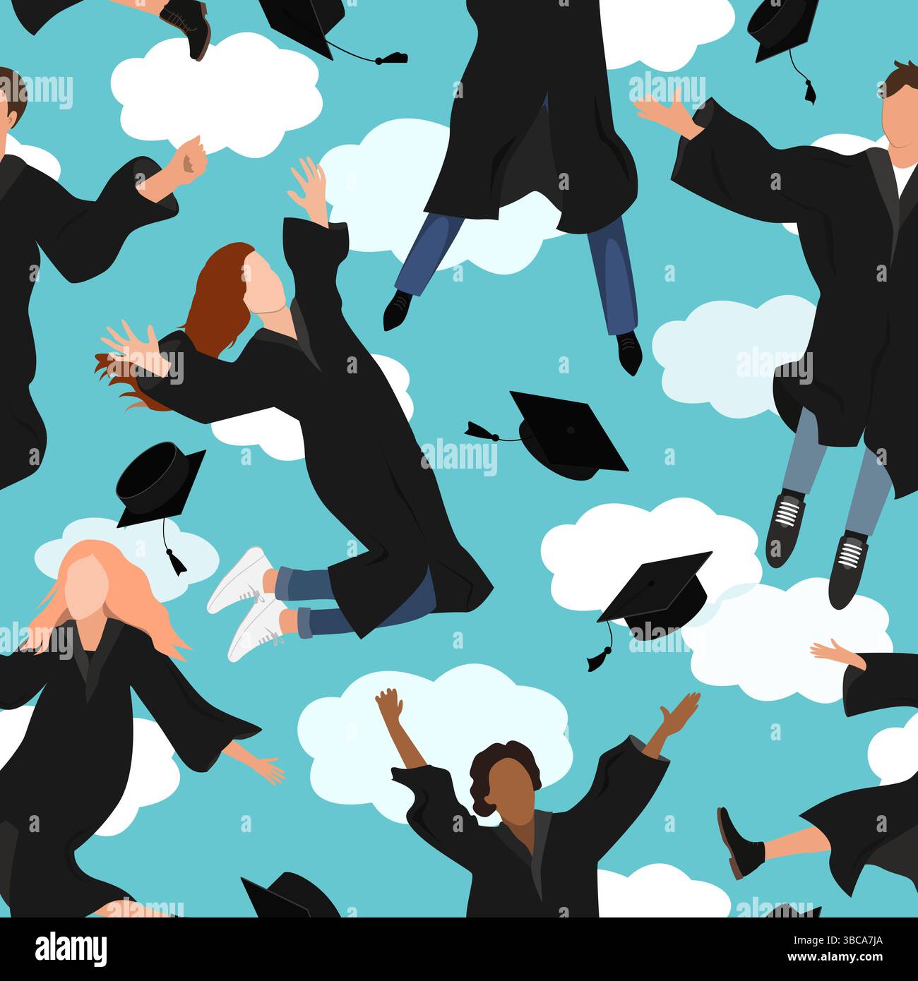 Festive seamless pattern with graduate students and graduation hats in ...