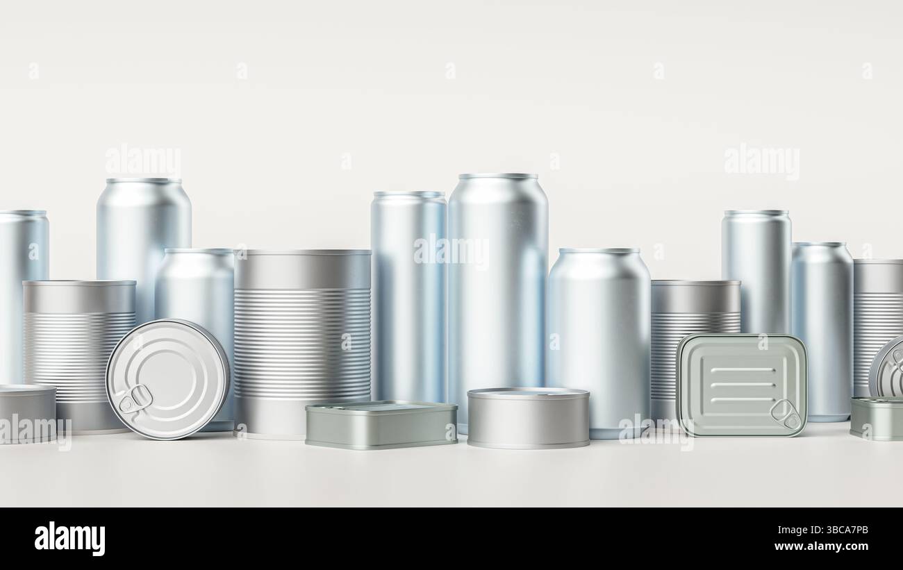 Row of canned goods, including a can of beverages and can of food. 3d ...