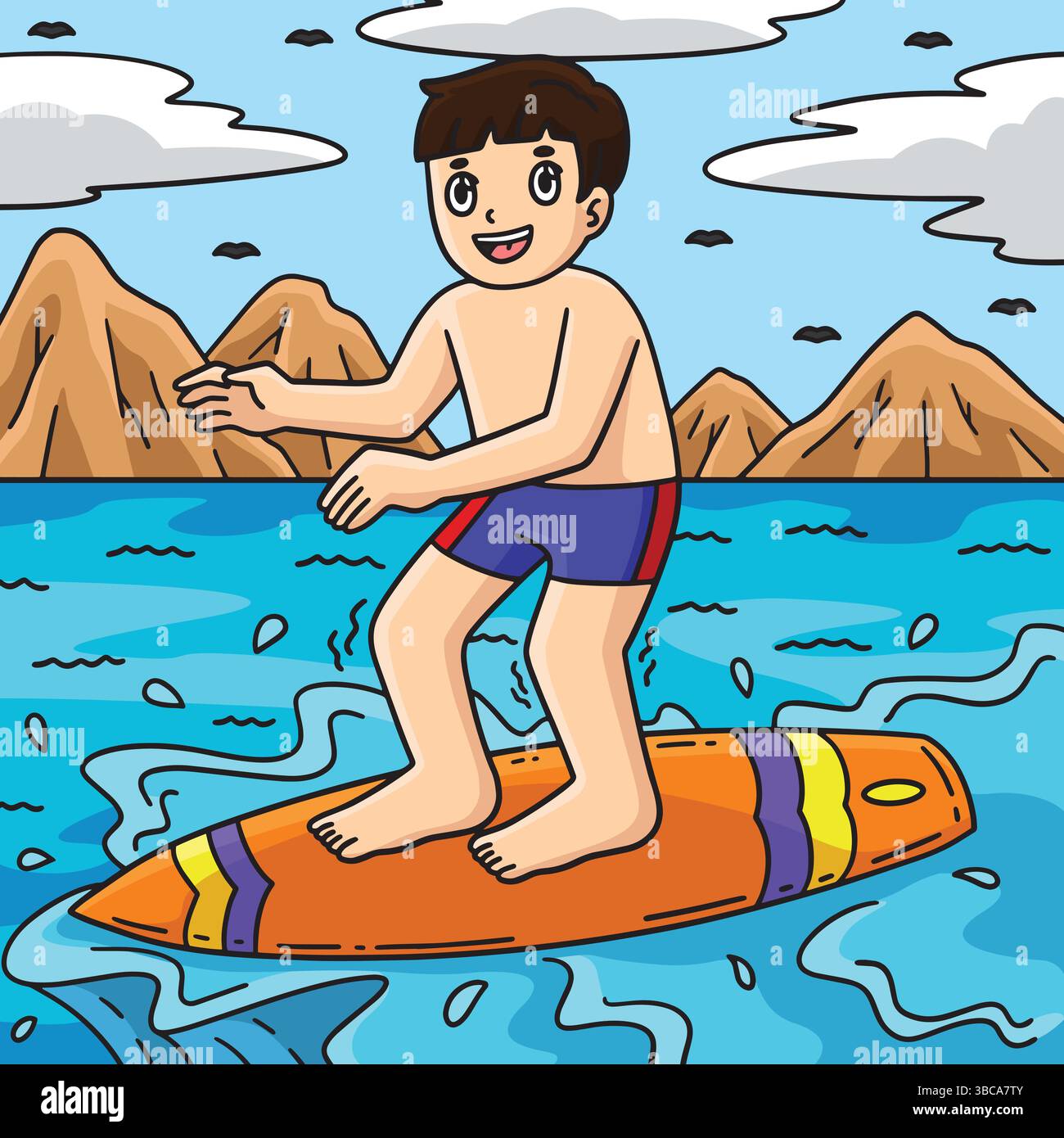 Surfing Boy Balancing on Surfboard Colored Cartoon Stock Vector Image ...