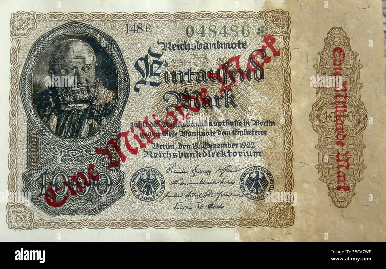 Geldschein, Banknote, Inflation, 1000 Mark Schein überdruckt mit 1 ...
