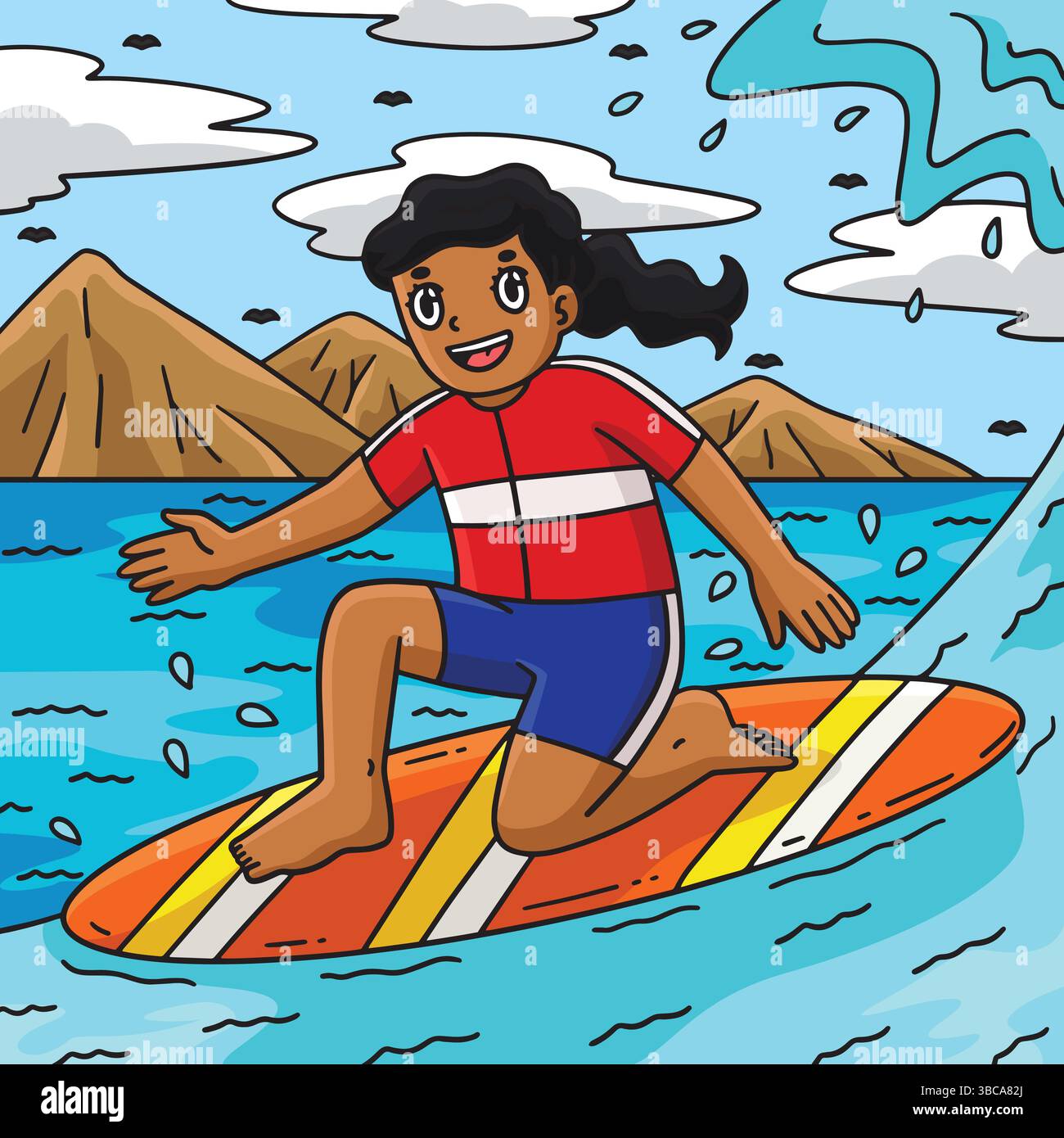 Surfing Girl on a Surfboard Ready to Stand Colored Stock Vector Image ...