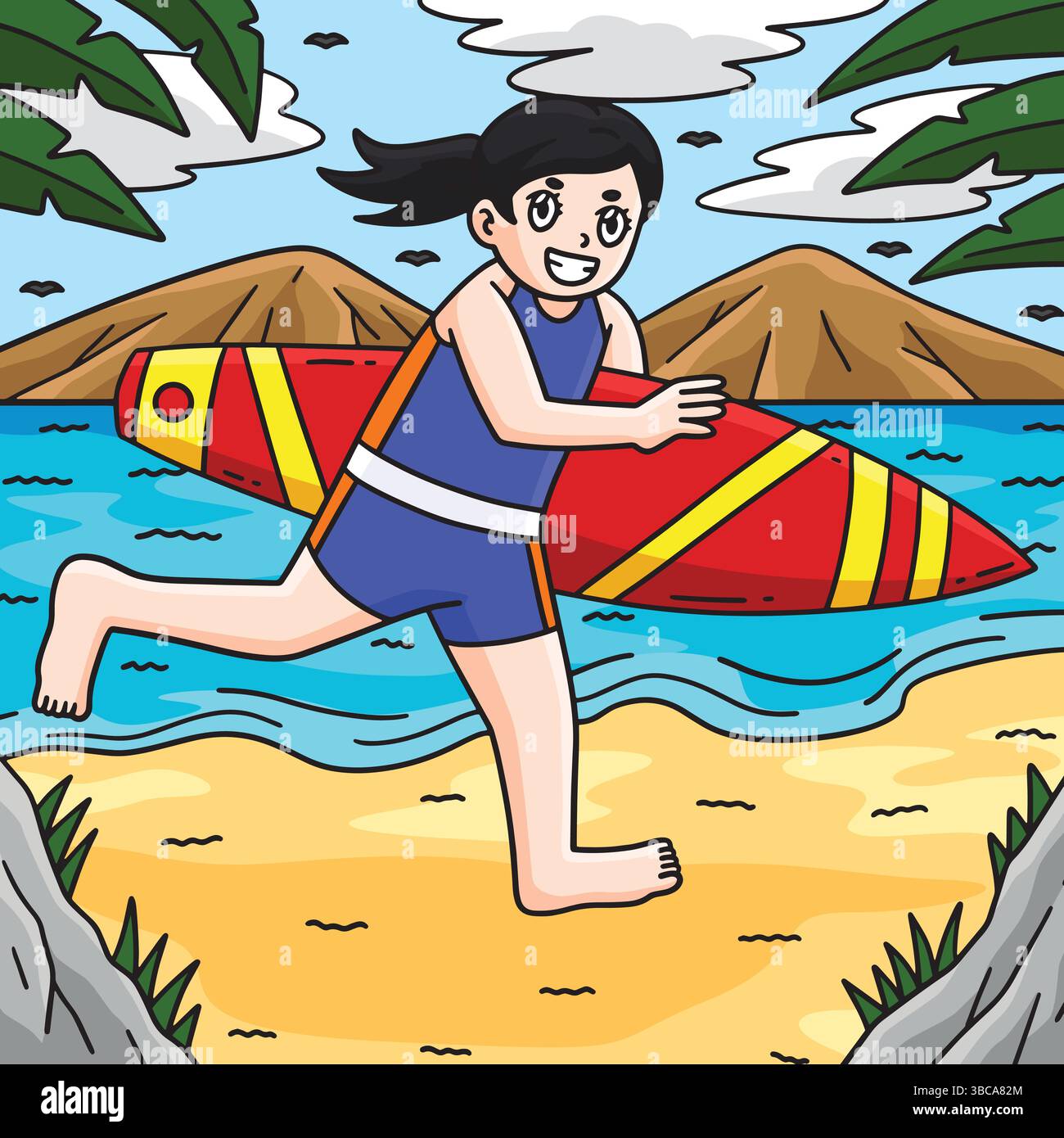 Surfing Girl with a Surfboard Colored Cartoon Stock Vector Image & Art ...