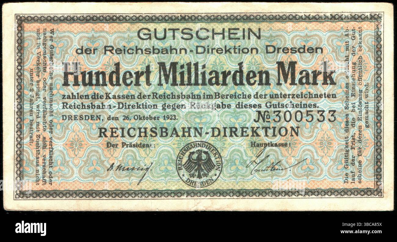 Geldschein, Banknote, Inflation, 100 Milliarden Mark, Gutschein der ...