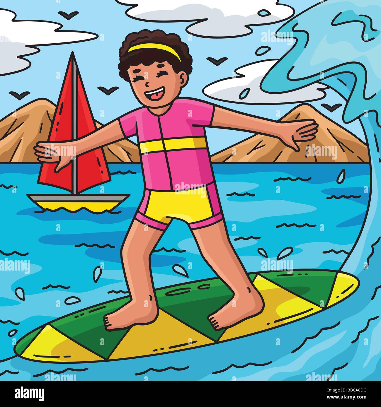 Surfing Girl Colored Cartoon Illustration Stock Vector Image & Art - Alamy