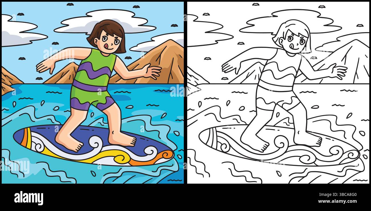 Surfing Girl Balancing on Surfboard Illustration Stock Vector Image ...