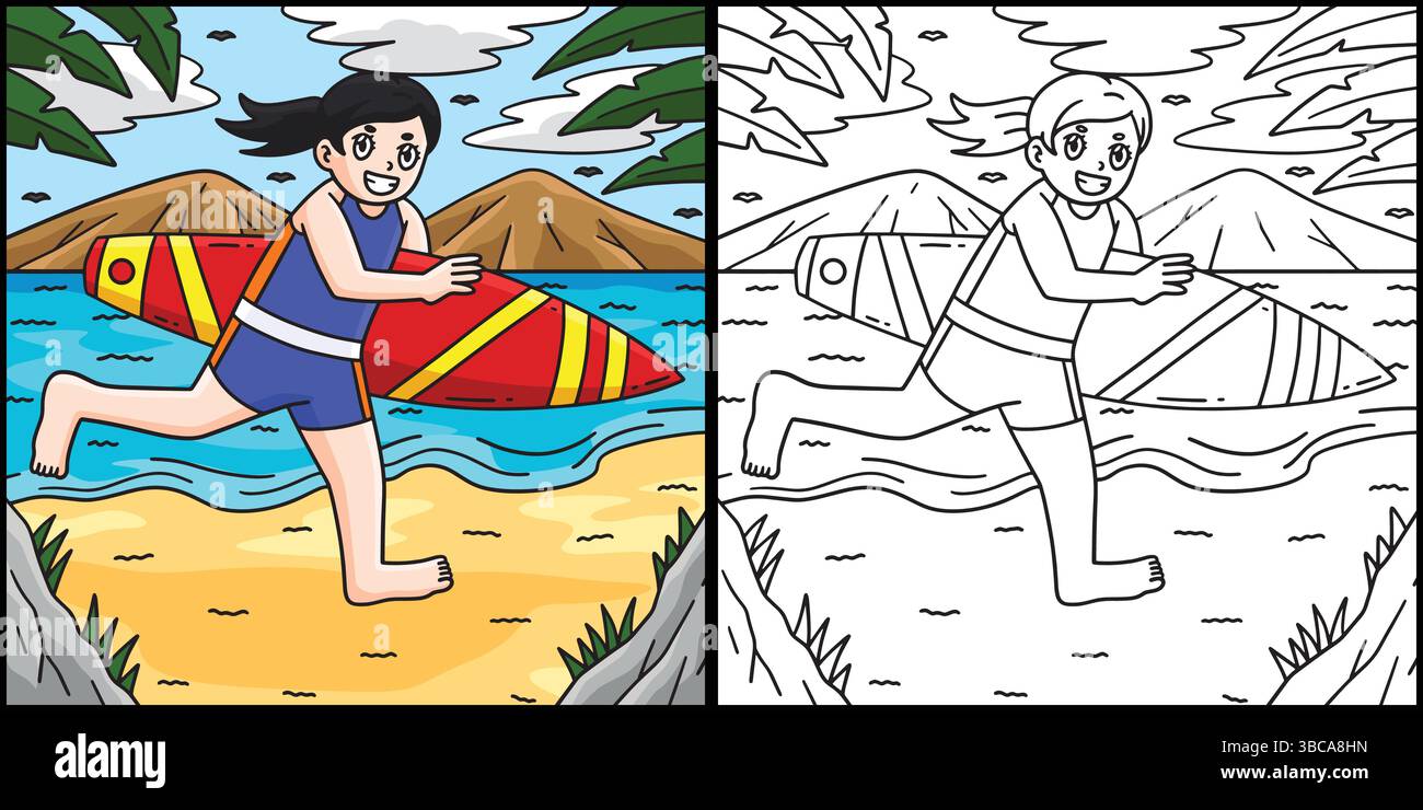 Surfing Girl with Surfboard Coloring Illustration Stock Vector Image ...