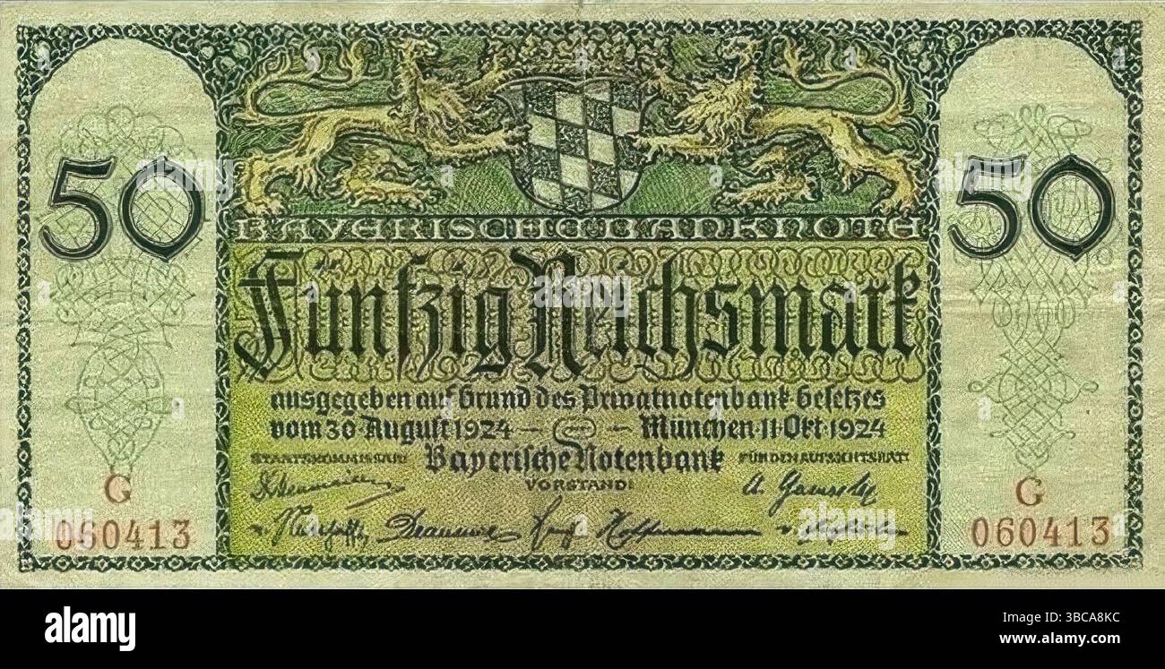 Geldschein, Banknote, 50 Reichsmark, 1924, Deutschland, Reproduktion ...