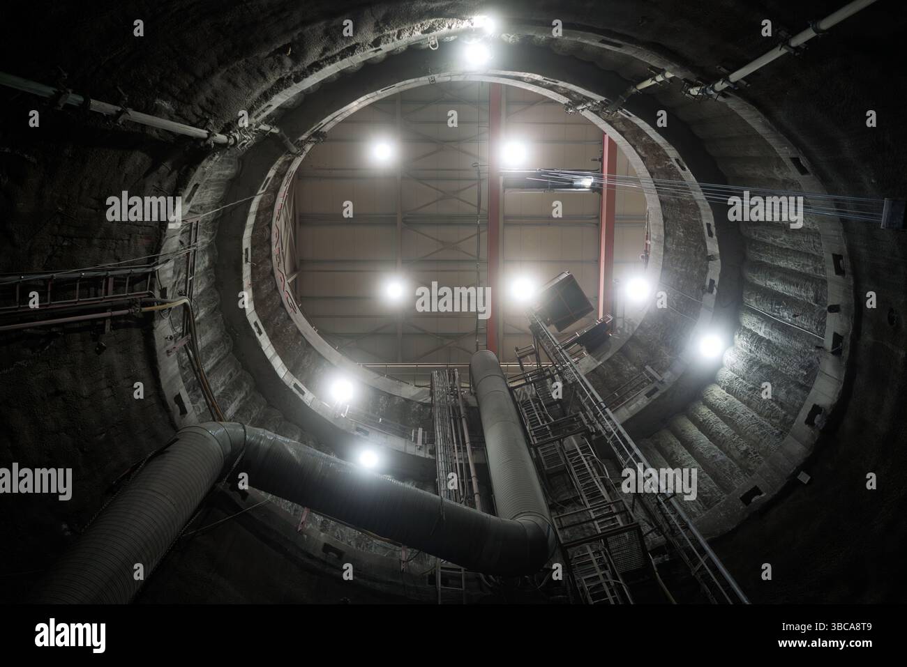 Construction of Prague Metro Line D. View from below to mining shaft ...