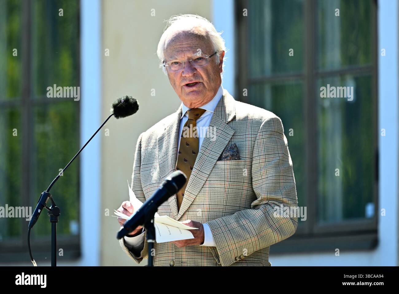 King Carl Gustaf of Sweden delivers a speech at Ulriksdals Palace at ...