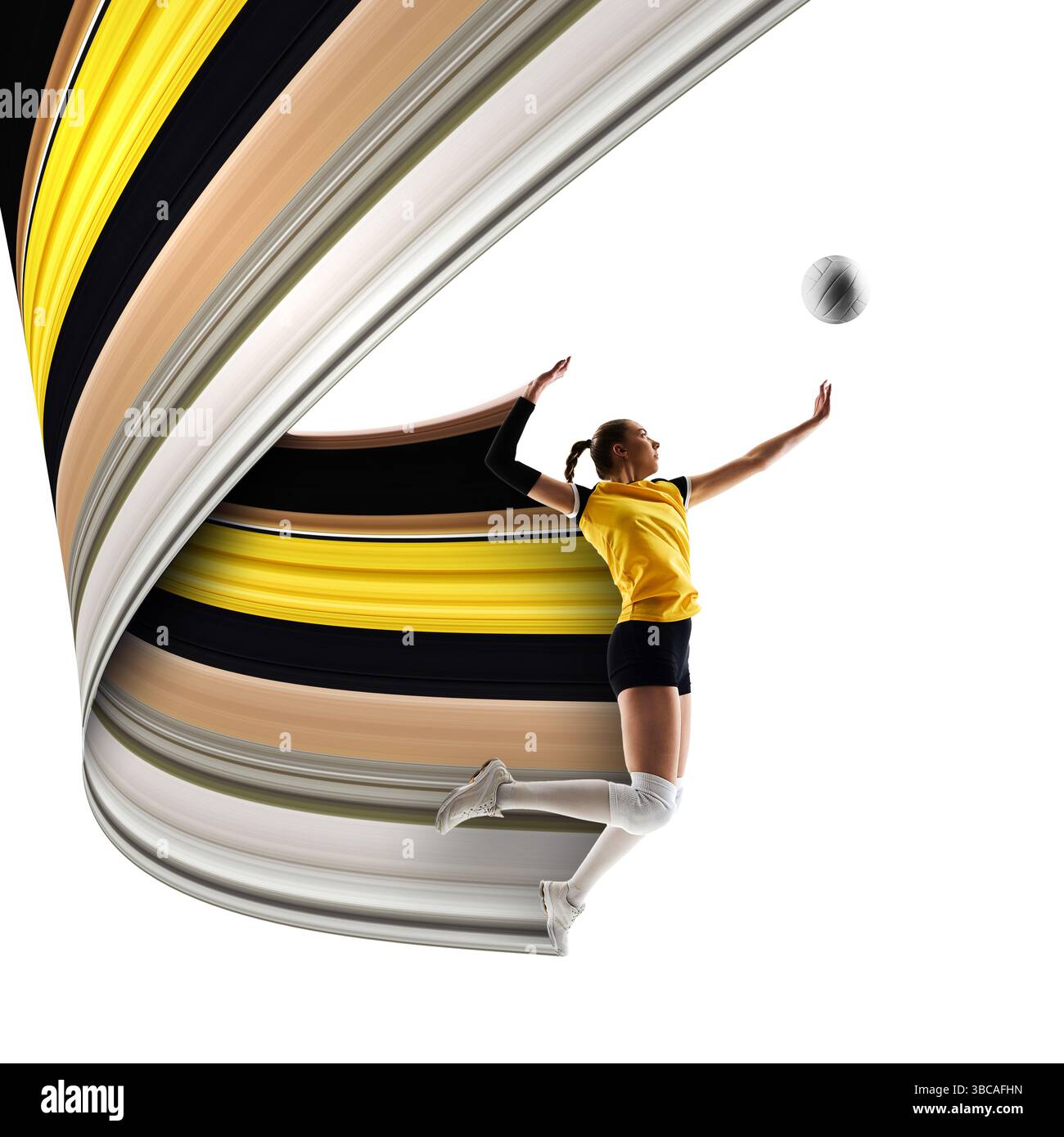 Female volleyball player jumping to hit volleyball against white ...