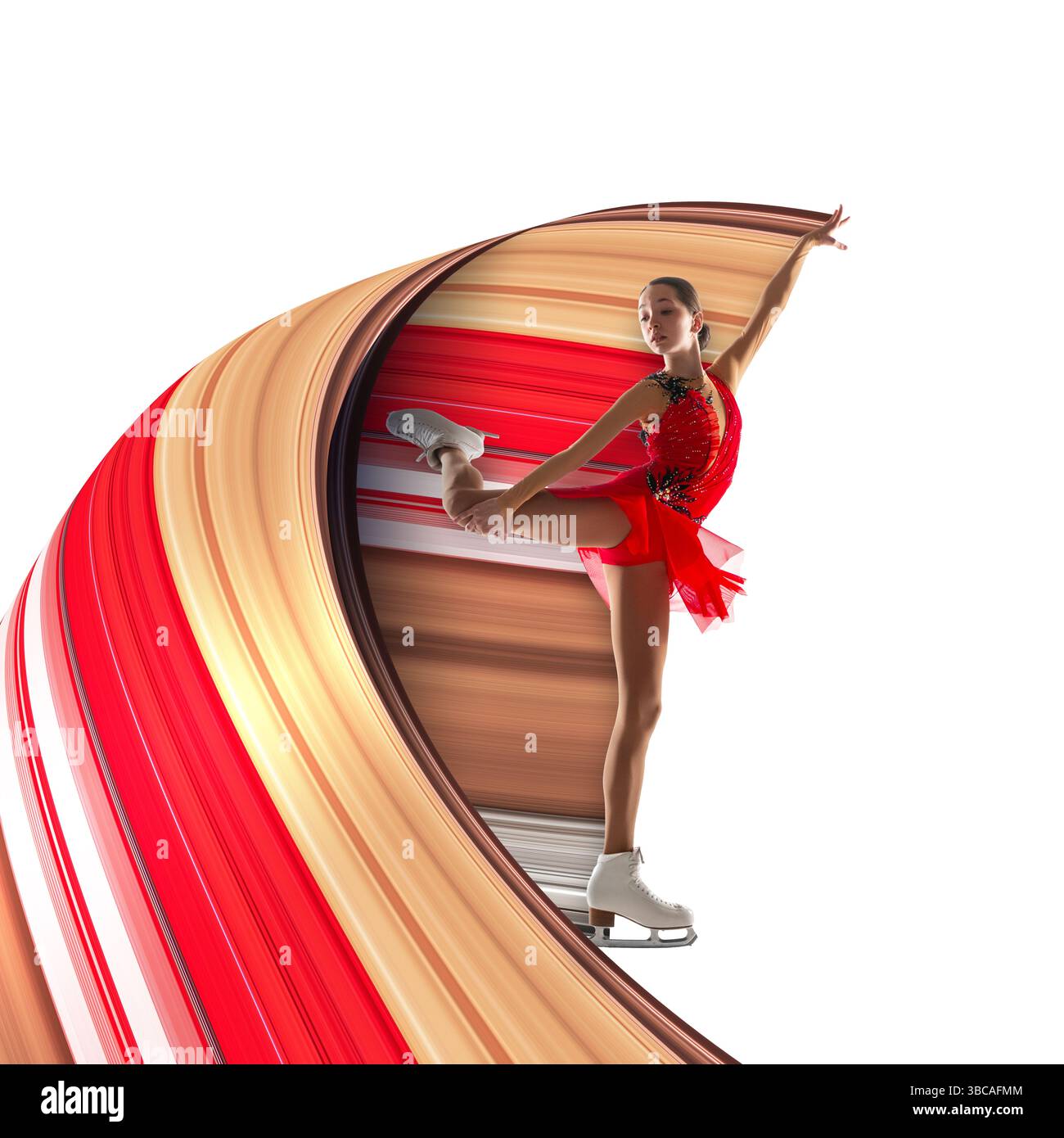Female figure skater in red costume in dynamic pose, with one leg ...