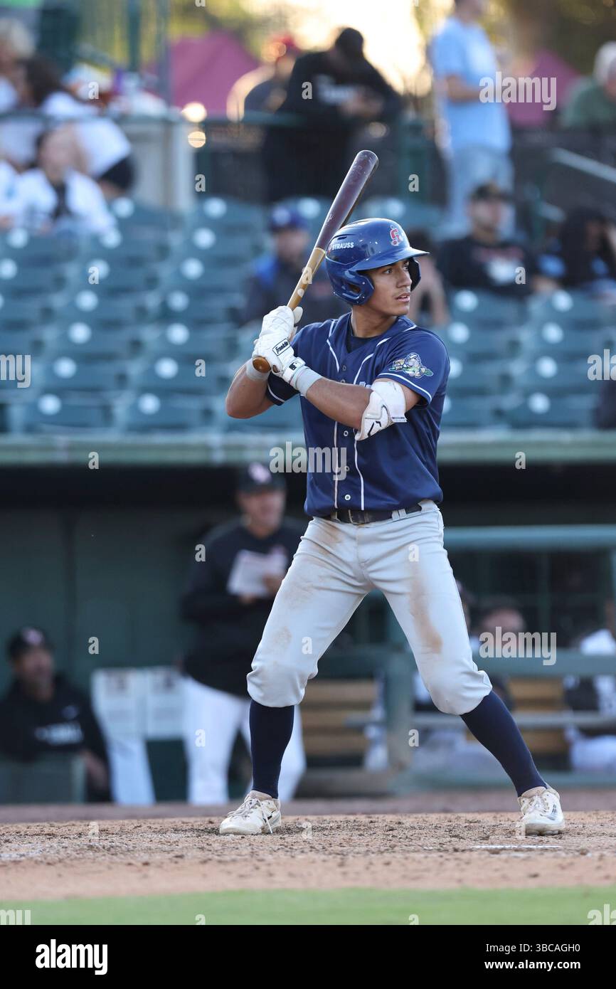 Davis Diaz (5) of the Stockton Ports bats against the Malmo Oat Milkers ...