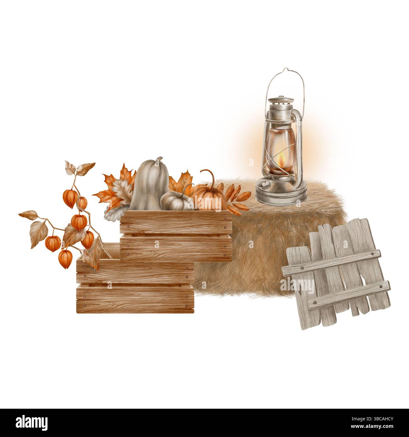 Vintage lantern light illuminates a rustic still life - rectangular hay ...