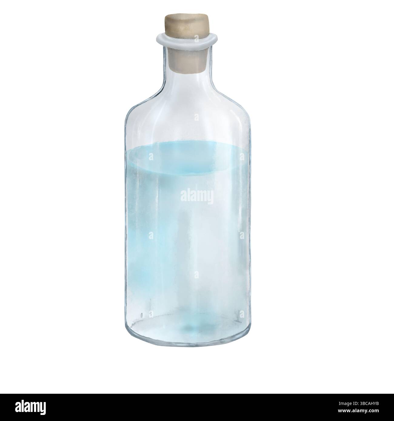 A glass bottle with a clear liquid inside. Watercolor illustration. a ...