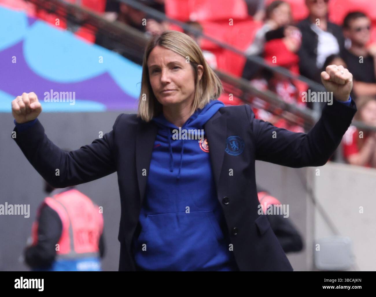 London, UK. 18th May, 2025. Sonia Bompastor Coach of Chelsea celebrates ...