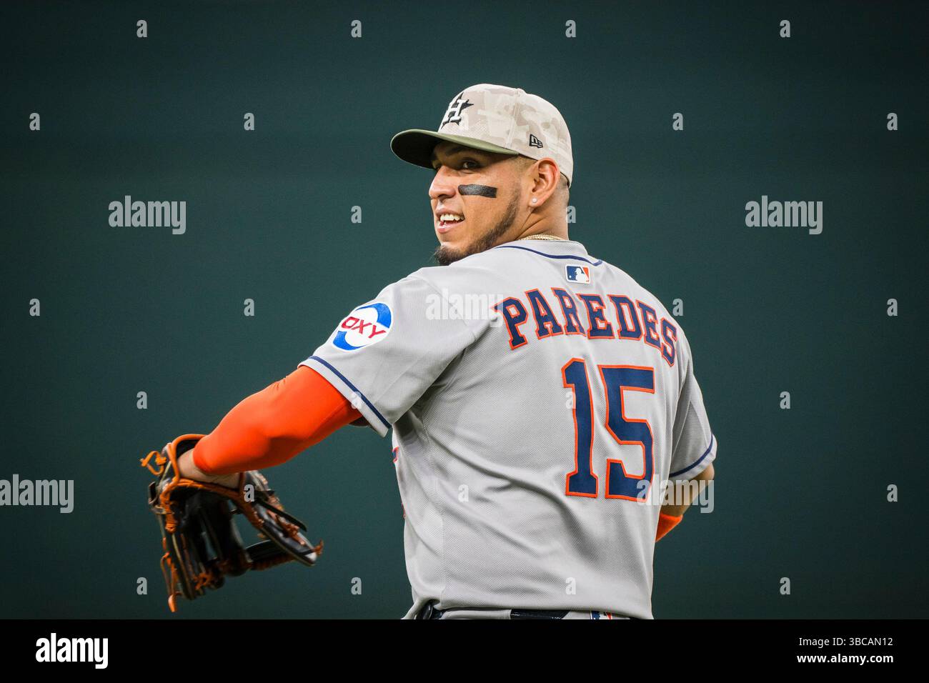 Houston Astros third baseman Isaac Paredes warms up before a baseball ...
