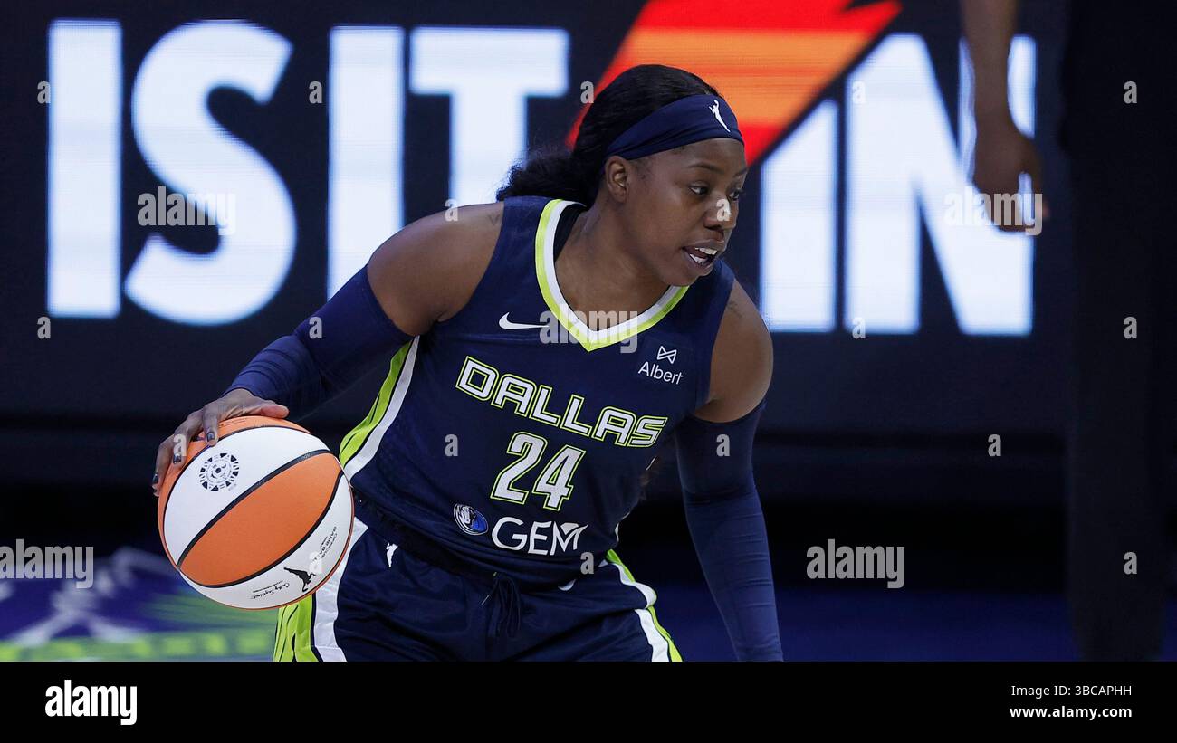 Dallas Wings guard Arike Ogunbowale is seen during a WNBA basketball game against the Minnesota ...