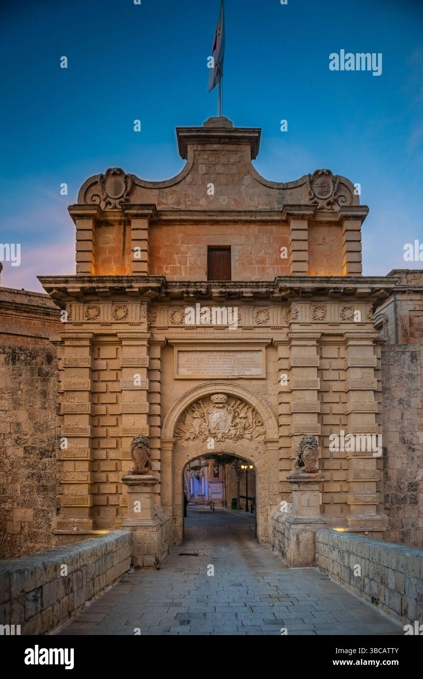 Entrance bridge and gate to Mdina, a fortified medieval city in the ...