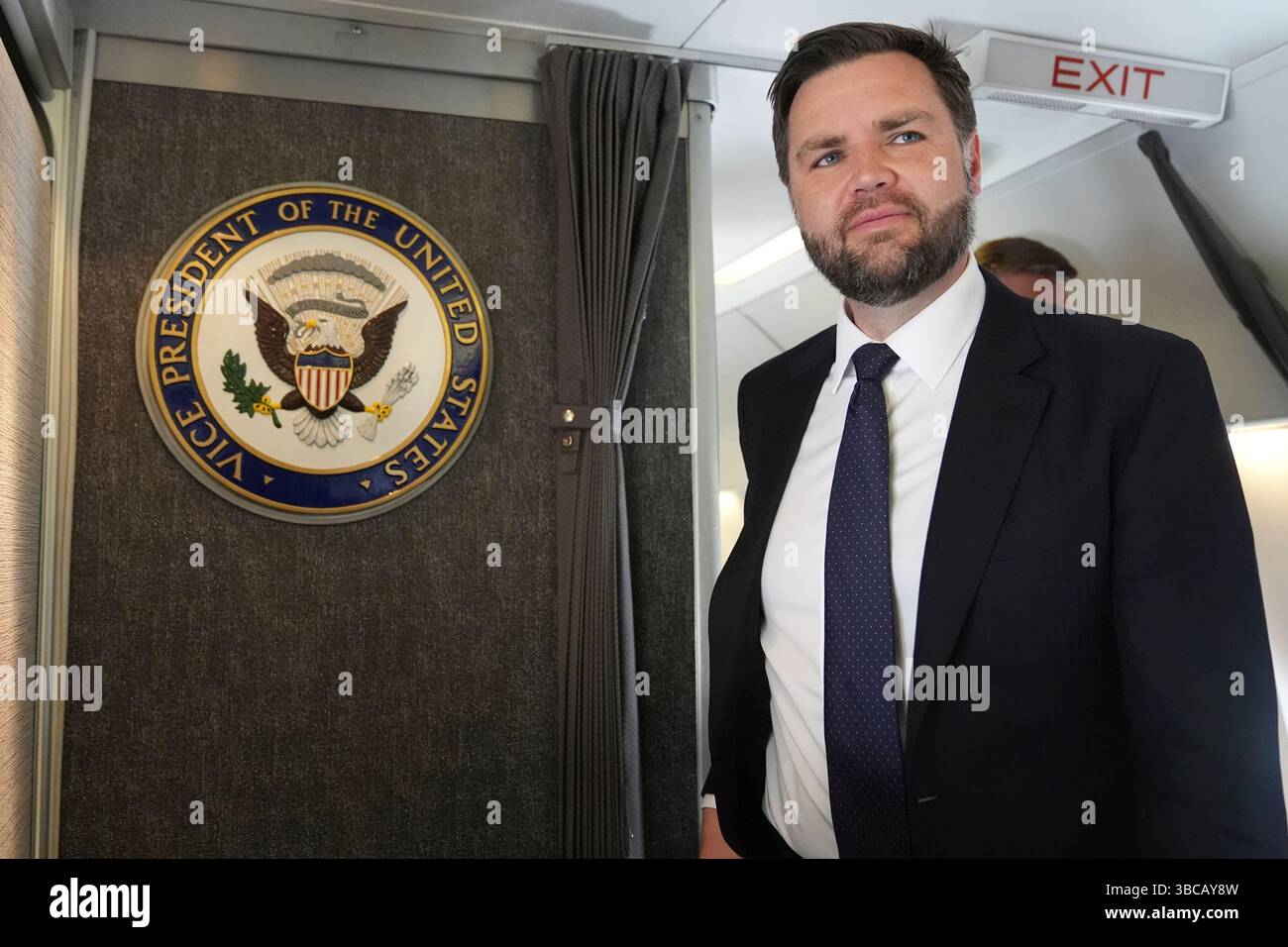 Vice President JD Vance talks to reporters on board Air Force Two at ...