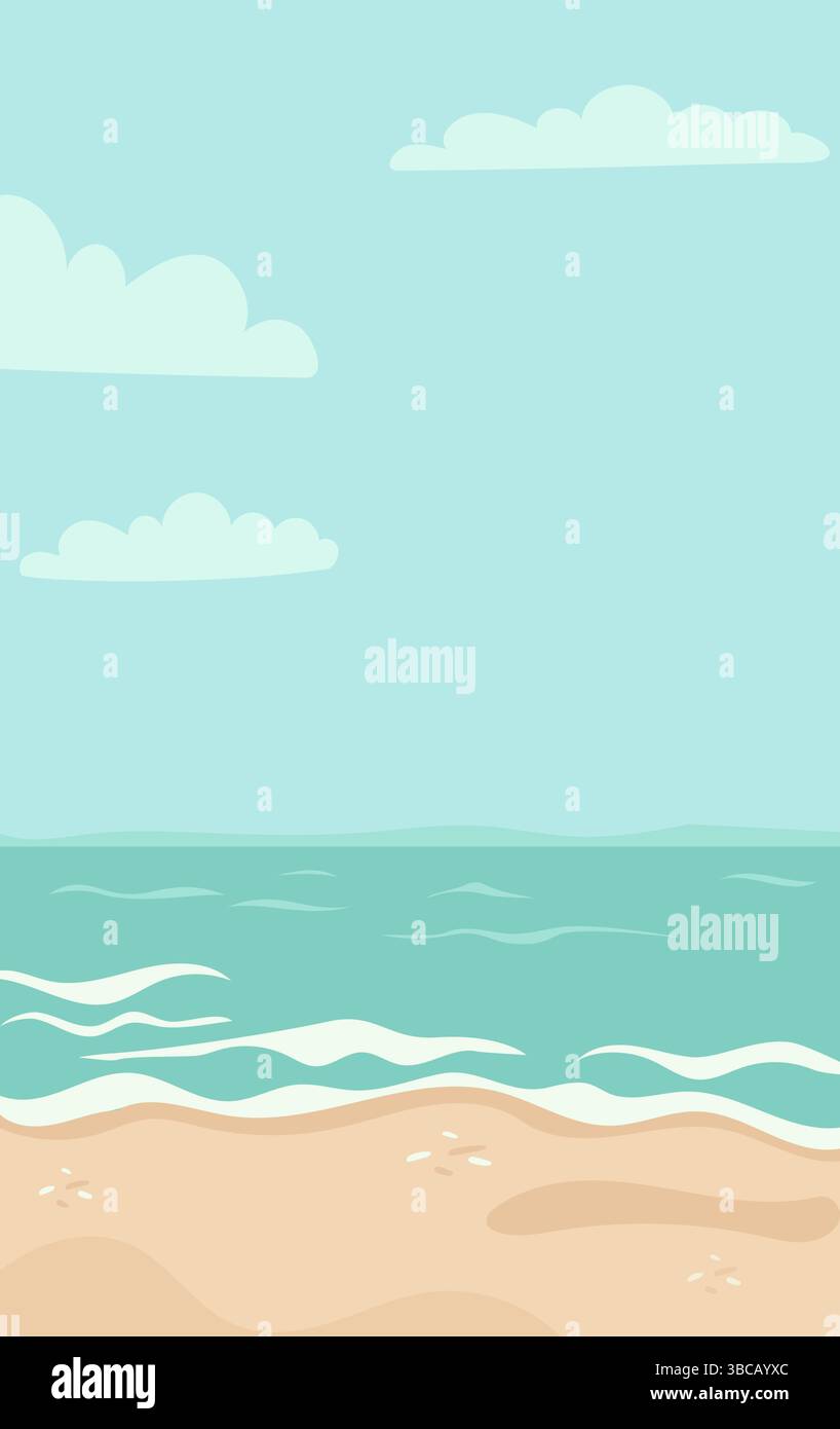 Seascape, sandy shoreline with gentle waves and sky with clouds. Vector ...