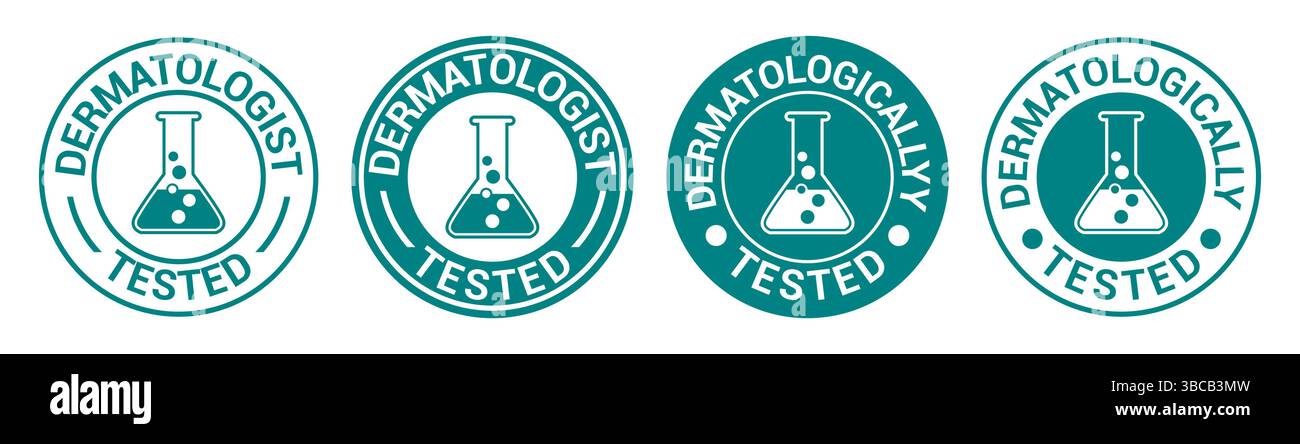 Set dermatologically tested vector label with water drop, leaf and hand ...