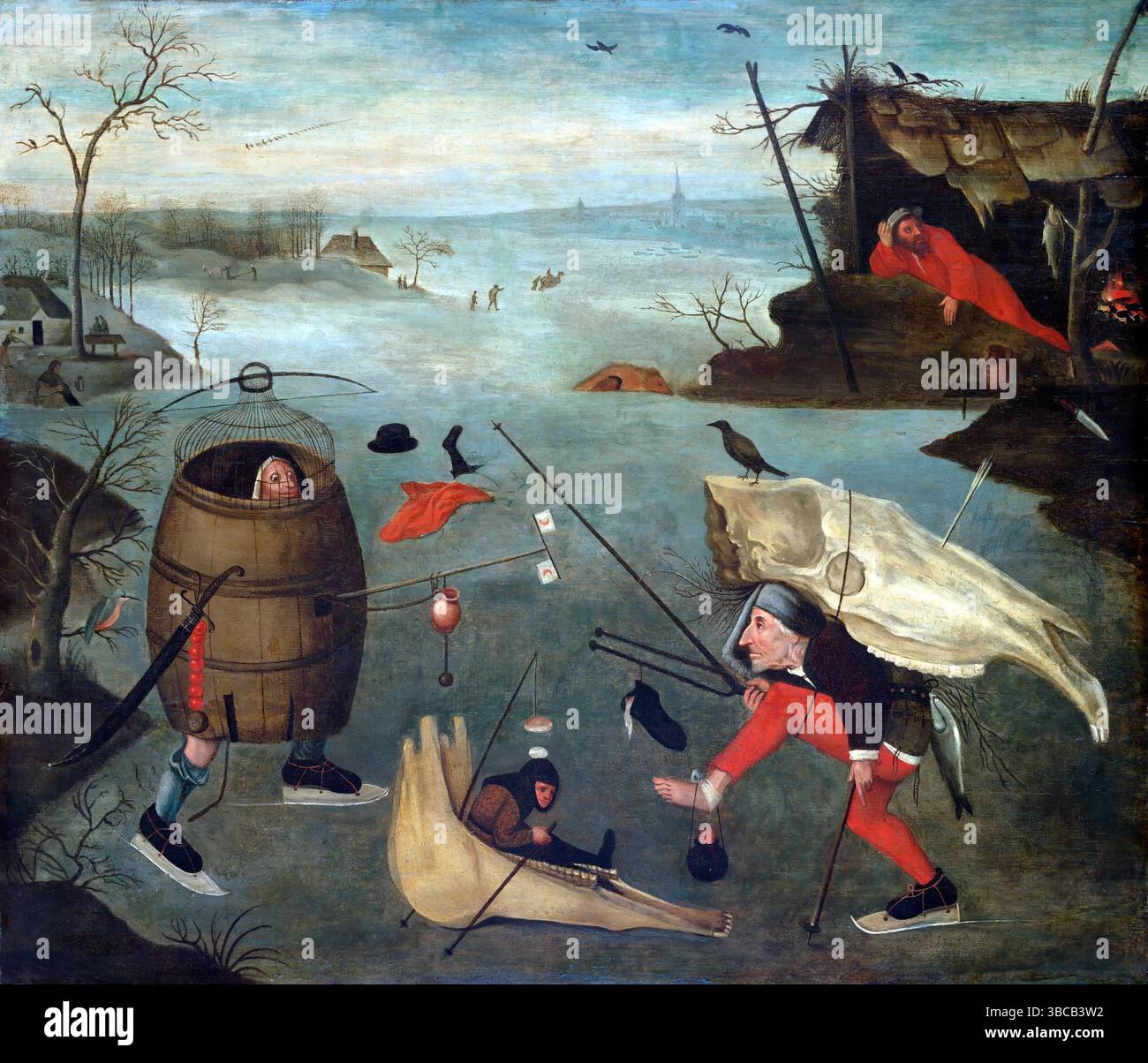 Oil on panel painting Grotesque duel on the ice, by follower of Flemish ...