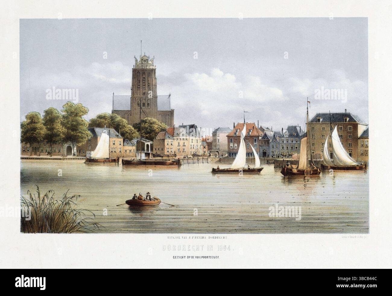 Hand coloured lithograph chromolithography of A view of Dordrecht 1864 ...