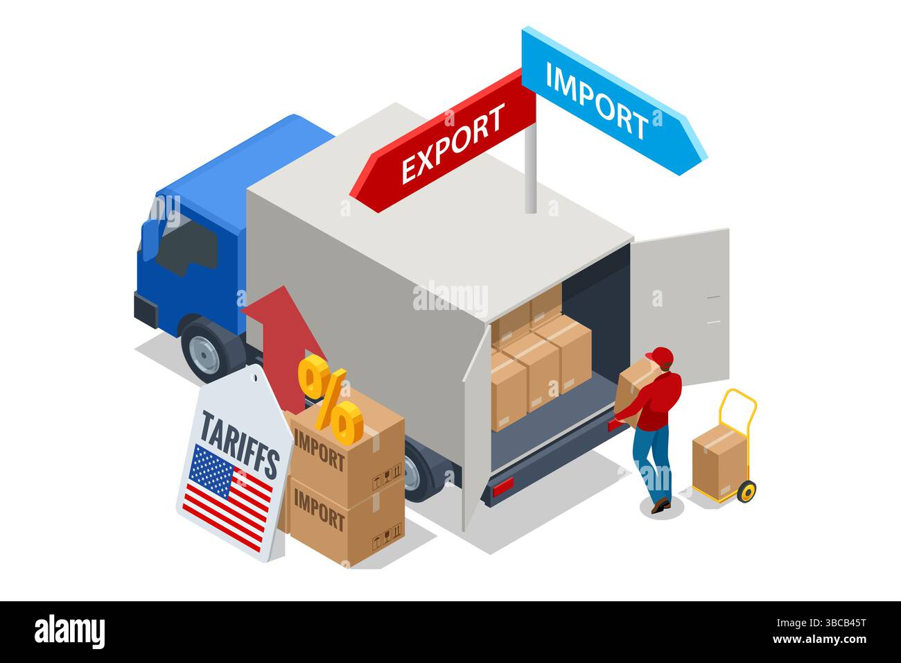 Isometric showing rising US import tariffs, affecting global logistics ...