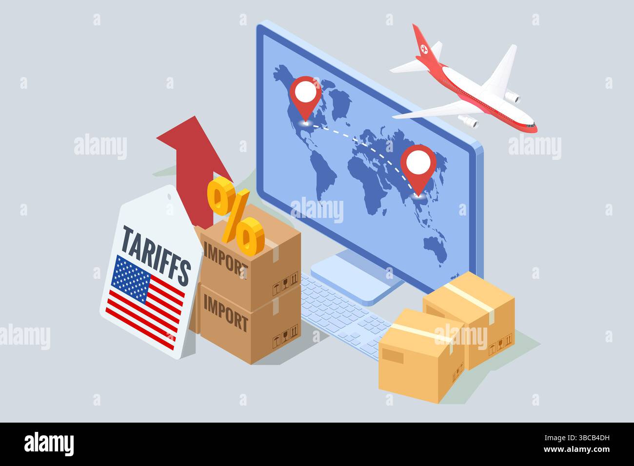 Isometric showing rising US import tariffs, affecting global logistics ...